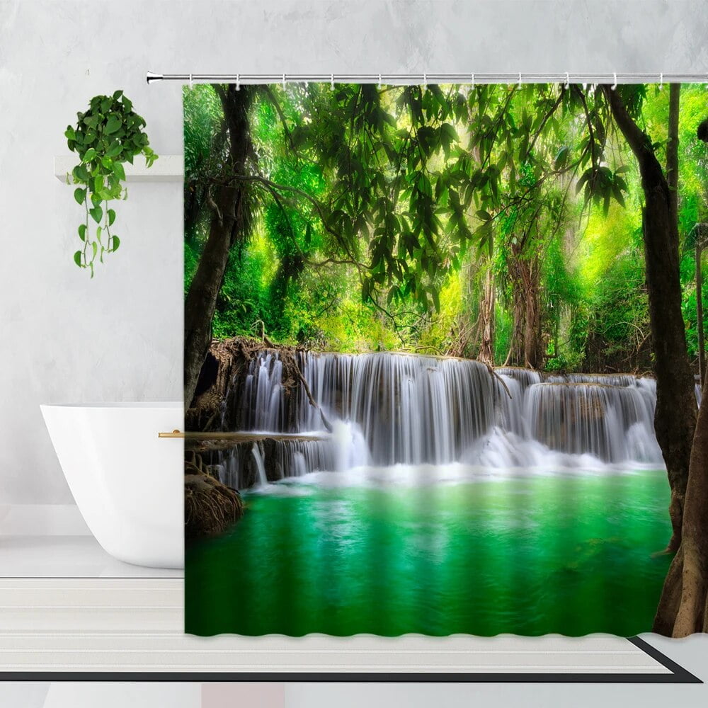 Forest Waterfall Landscape Shower Curtain Red Maple Green Jungle Birds