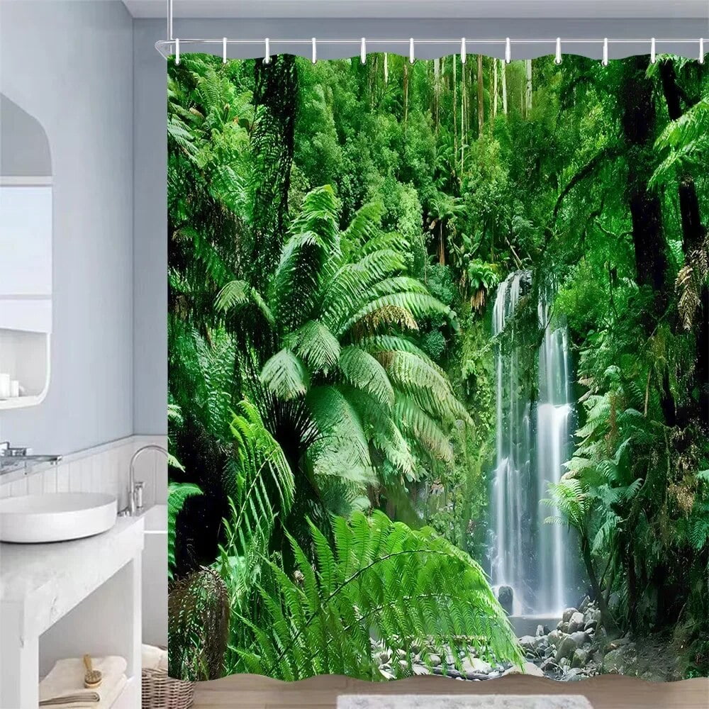 Forest Waterfall Landscape Shower Curtains Rainforest Plant Palm Trees ...