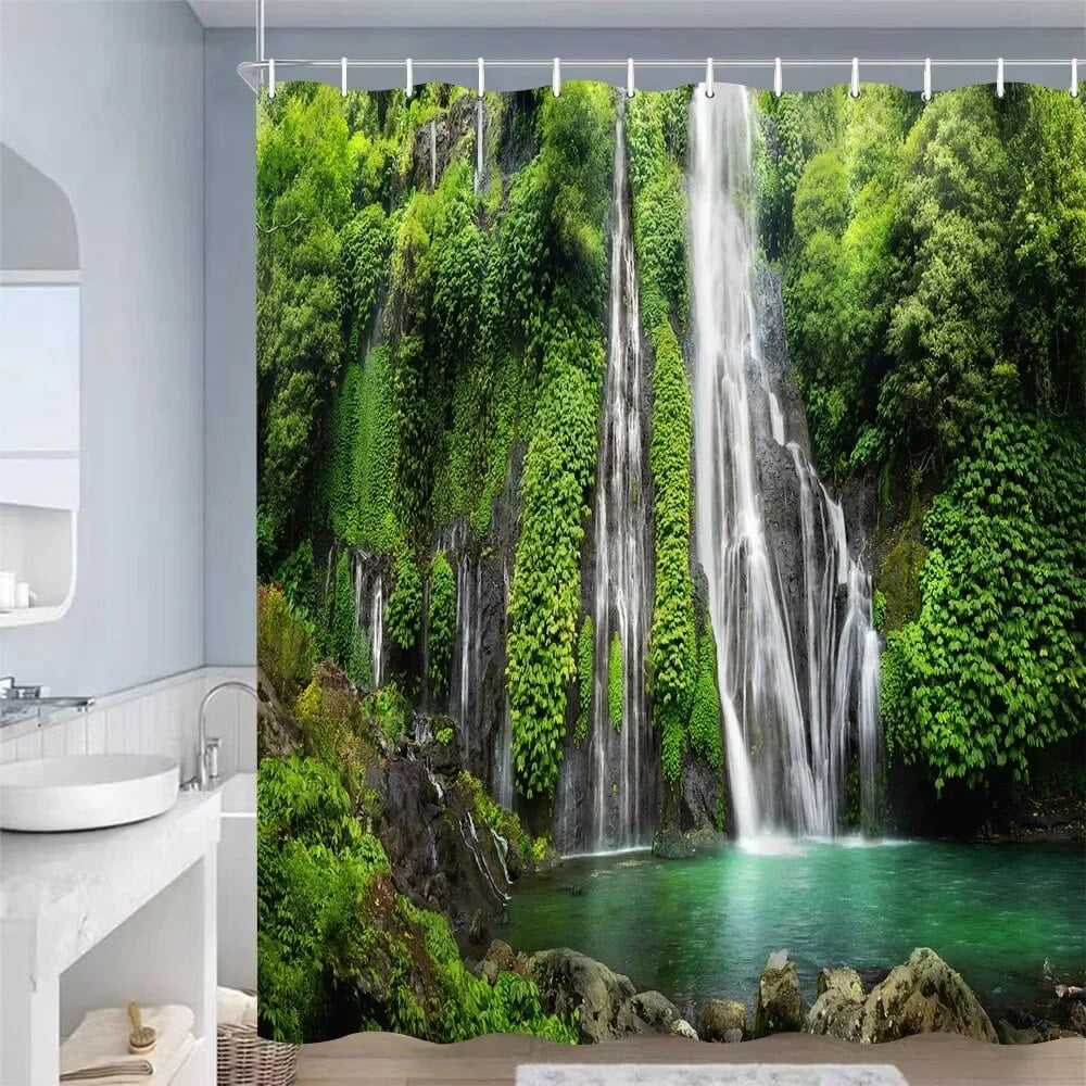 Forest Waterfall Landscape Shower Curtains Rainforest Plant Palm Trees ...