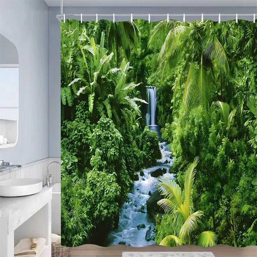 Forest Waterfall Landscape Shower Curtains Rainforest Plant Palm Trees ...