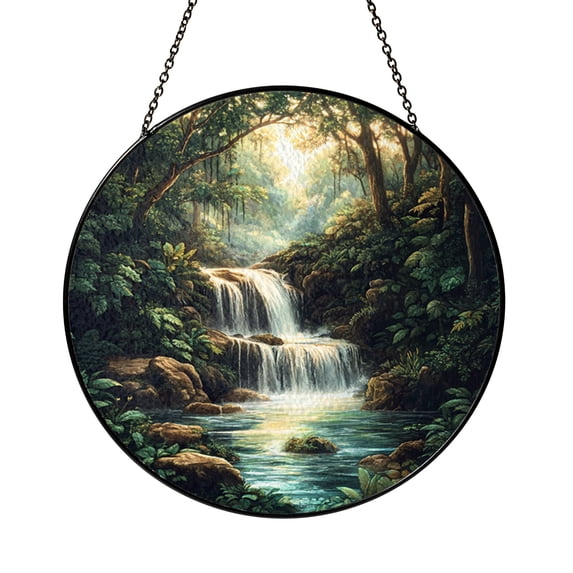 Forest Waterfall Landscape Stained Glass Style Suncatcher, Woodland ...