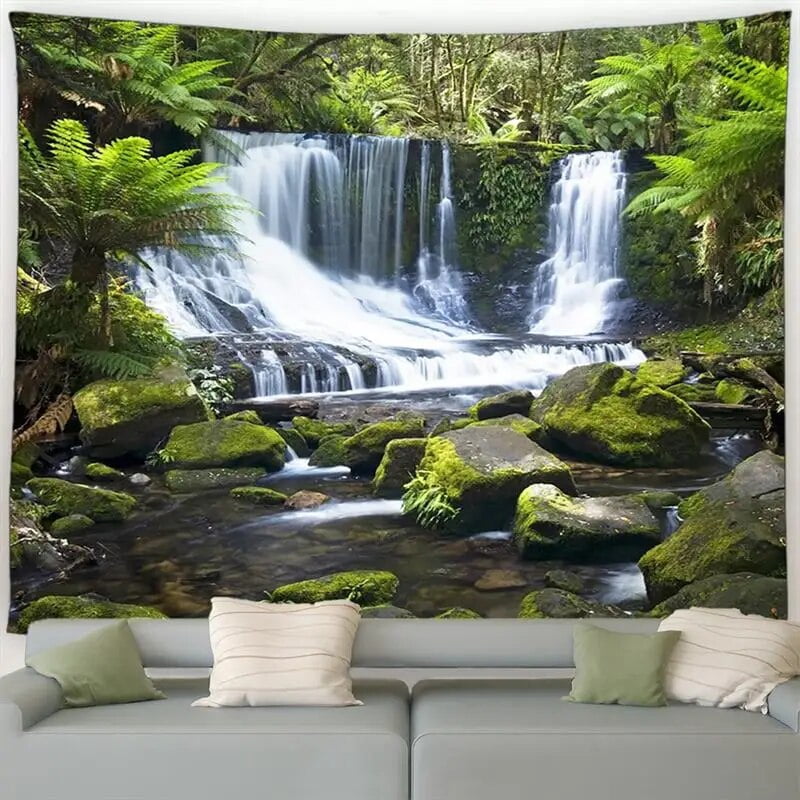 Forest Waterfall Landscape Tapestry Green Plants Trees Nature Jungle ...