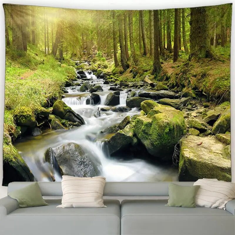 Forest Waterfall Landscape Tapestry Green Plants Trees Nature Jungle ...