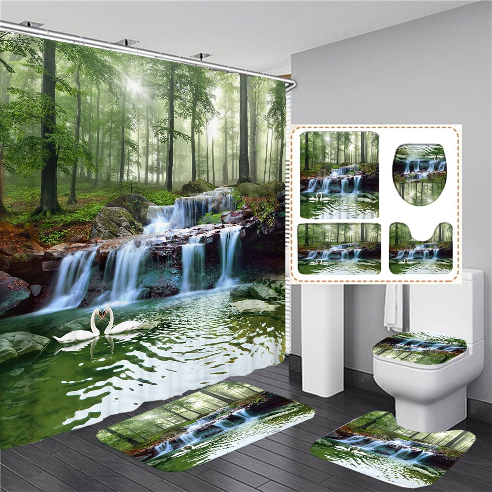 Forest Waterfall Natural Scenery 3d Shower Curtain 4pcs Set Bath Mat ...