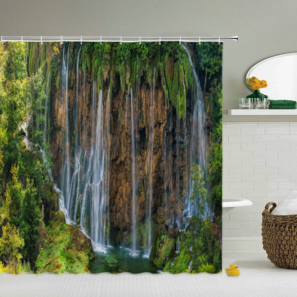 Forest Waterfall Scenery Shower Curtains landscape 3d Bathroom Curtain ...