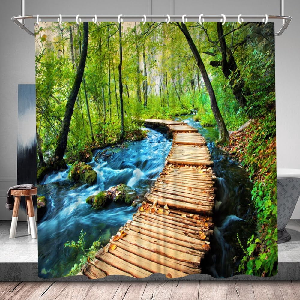 Forest Waterfall Scenic Shower Curtain Spring Green Landscape ...