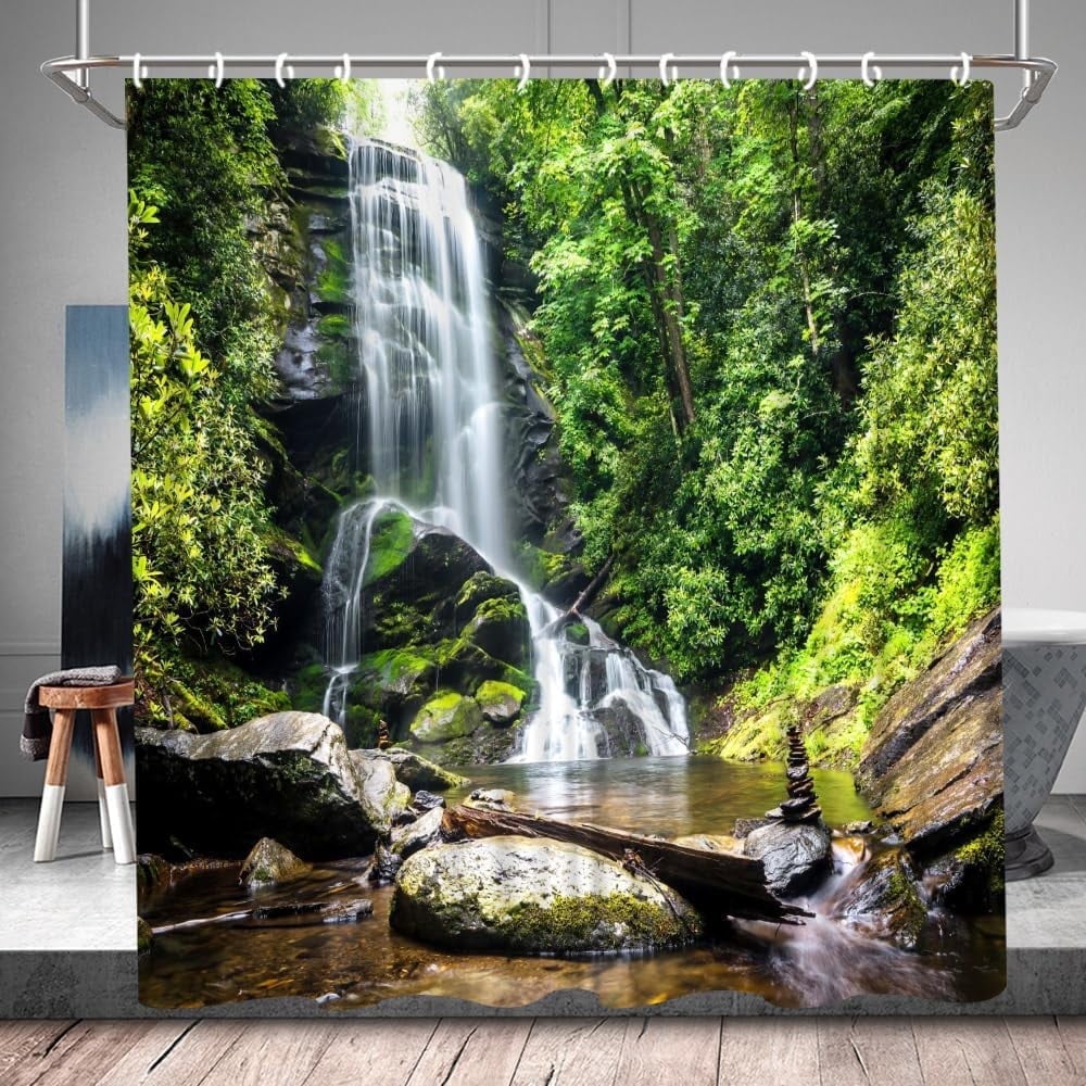 Forest Waterfall Scenic Shower Curtain Spring Green Landscape ...