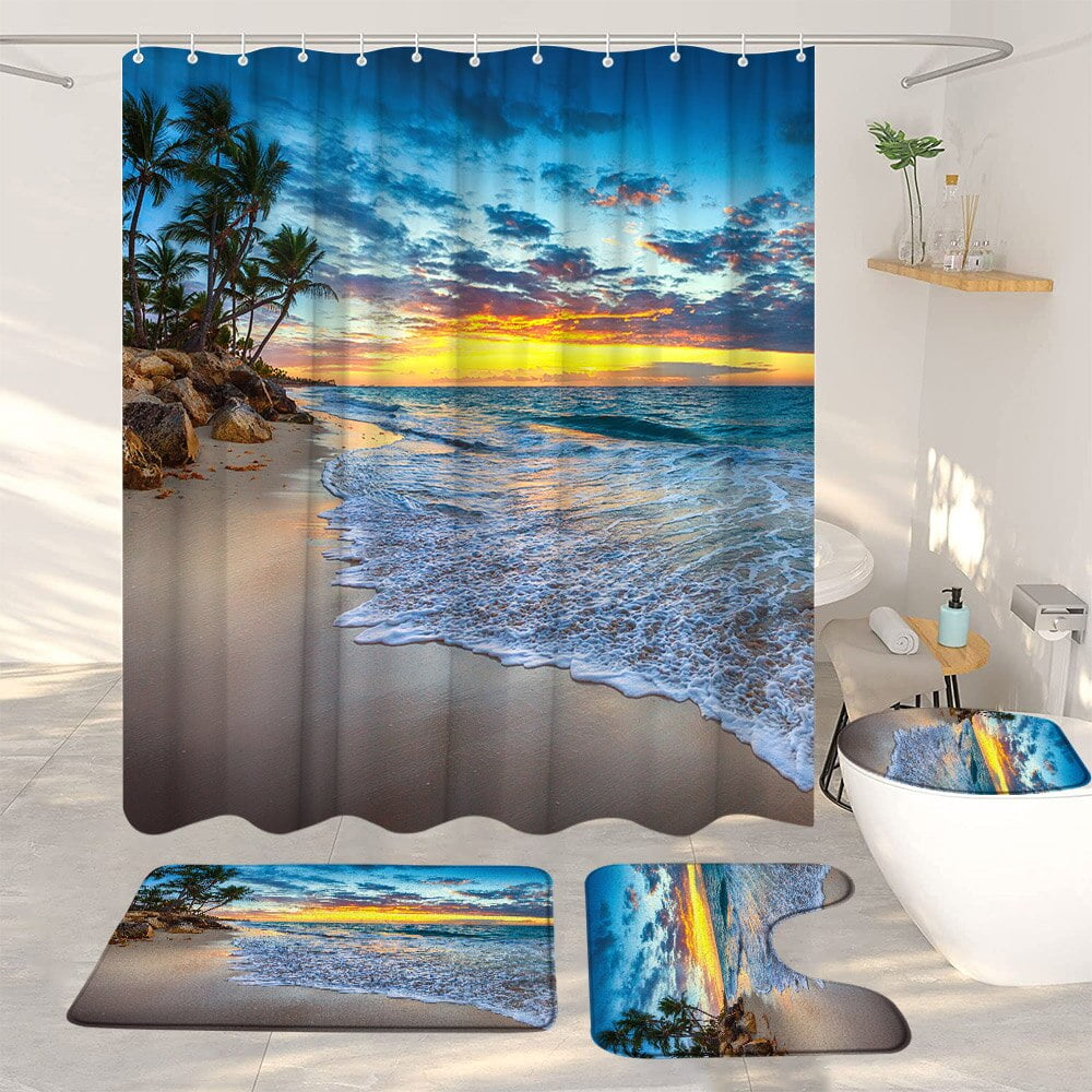 Forest Waterfall Shower Curtain And Rug Bathroom Set Tropical Plants ...