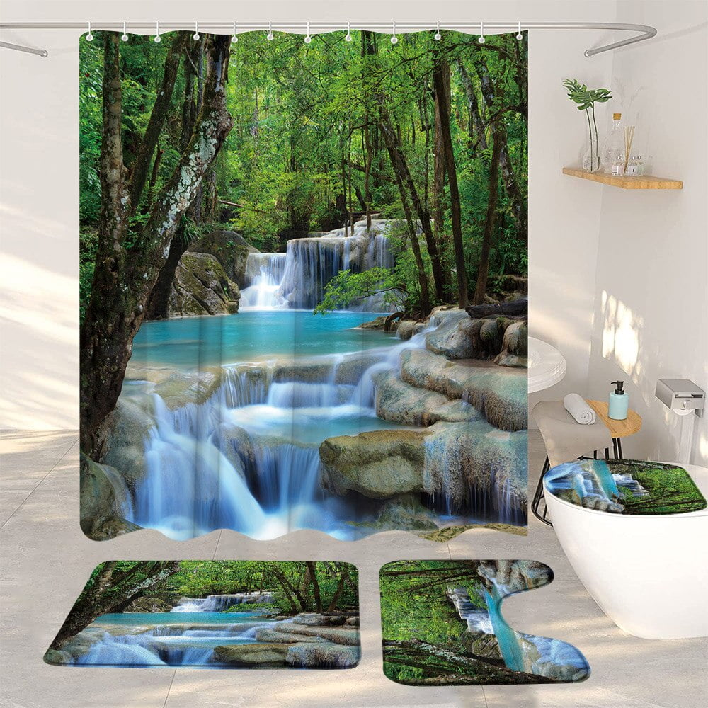 Forest Waterfall Shower Curtain And Rug Bathroom Set Tropical Plants ...