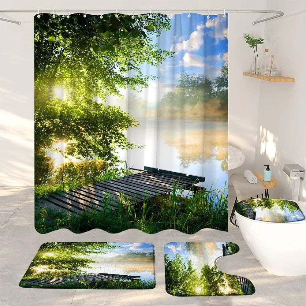 Forest Waterfall Shower Curtain And Rug Bathroom Set Tropical Plants ...