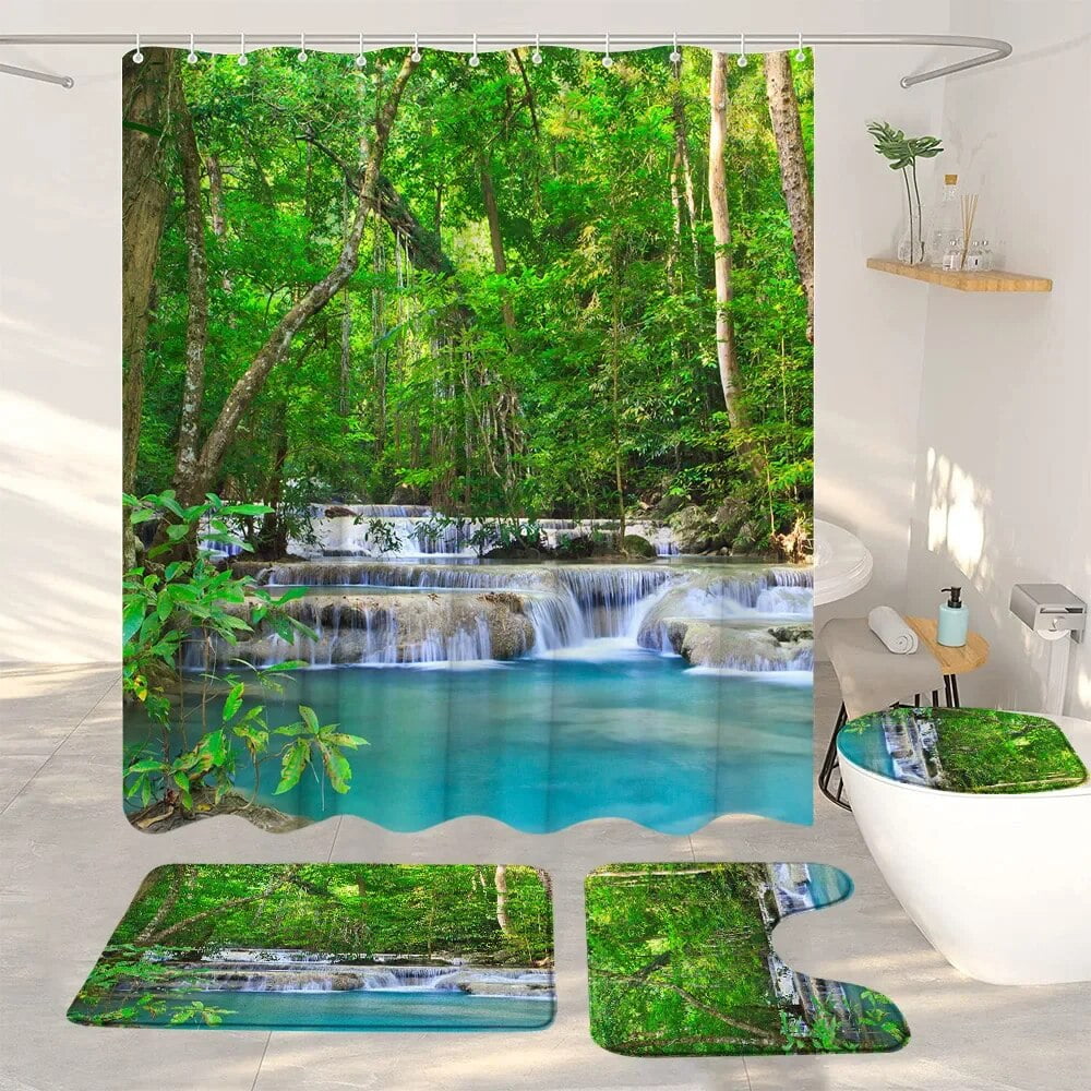 Forest Waterfall Shower Curtain And Rug Bathroom Set Tropical Plants ...