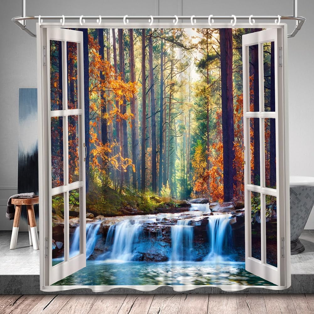 Forest Waterfall Shower Curtain Fall Autumn Scenic Jungle Natural ...