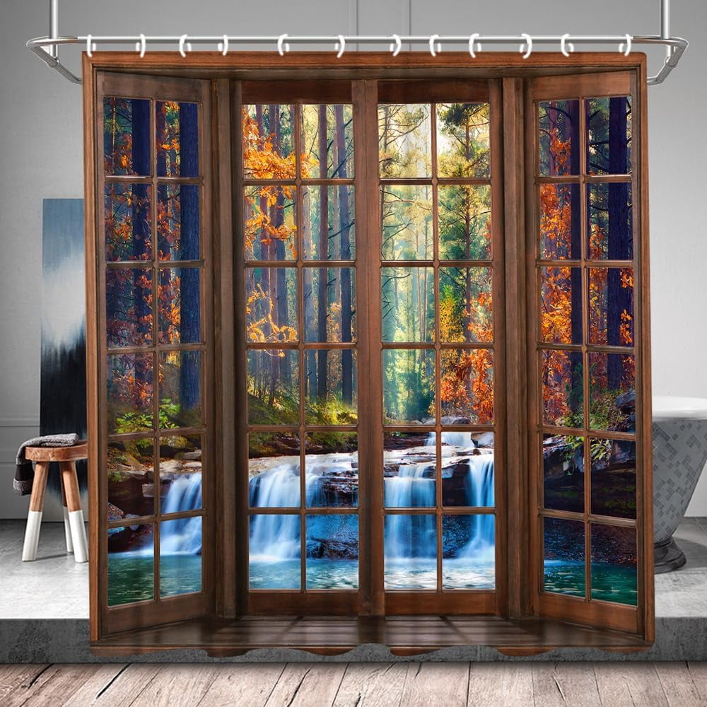 Forest Waterfall Shower Curtain Fall Autumn Scenic Jungle Natural ...