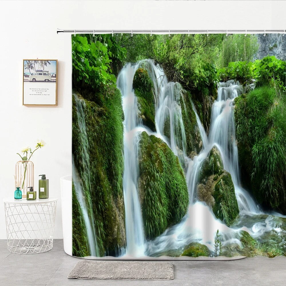 Forest Waterfall Shower Curtain Green Natural Scenery Mountain Running Water Landscape Wall ...