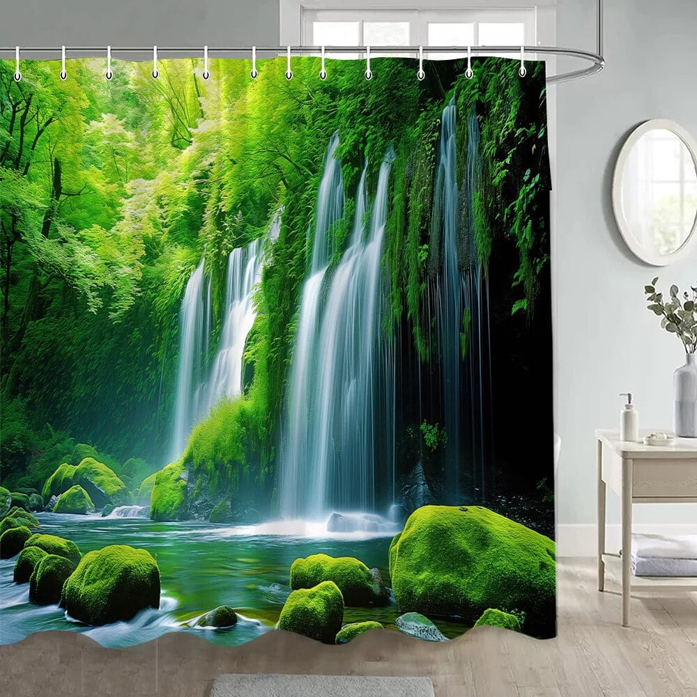 Forest Waterfall Shower Curtain Jungle Green Plants Trees Rustic ...