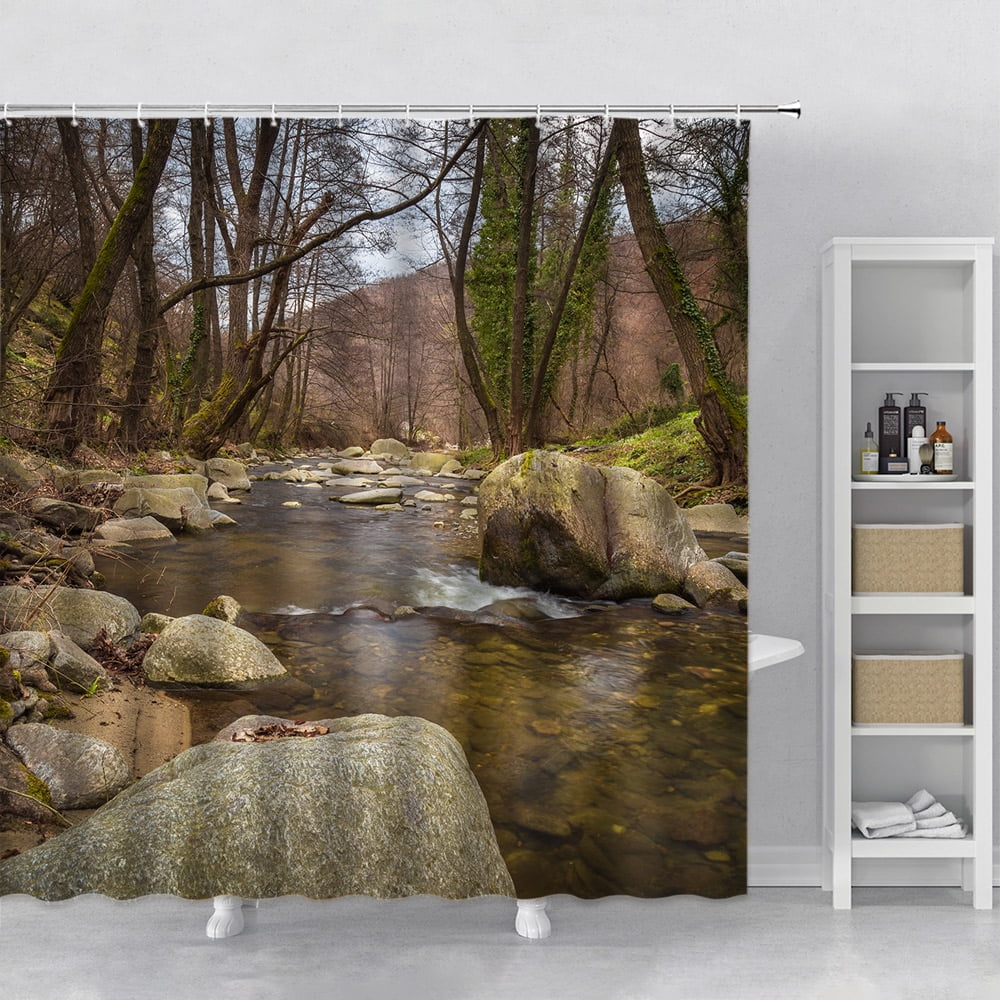 Forest Waterfall Shower Curtain Rainforest Foggy Rocky Lake Sunlight ...