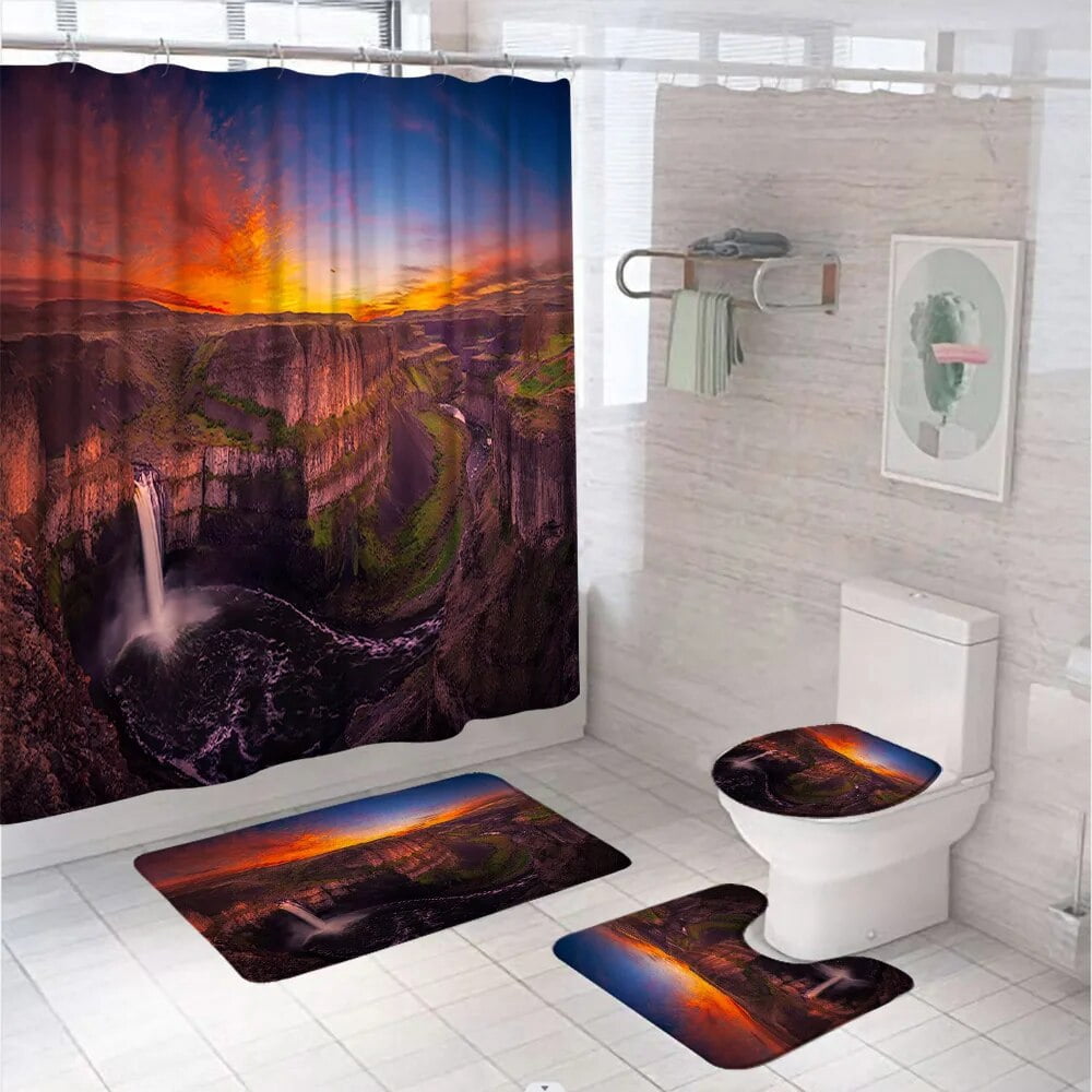 Forest Waterfall Shower Curtain Set Rug Toilet Lid Cover Bath Mat ...