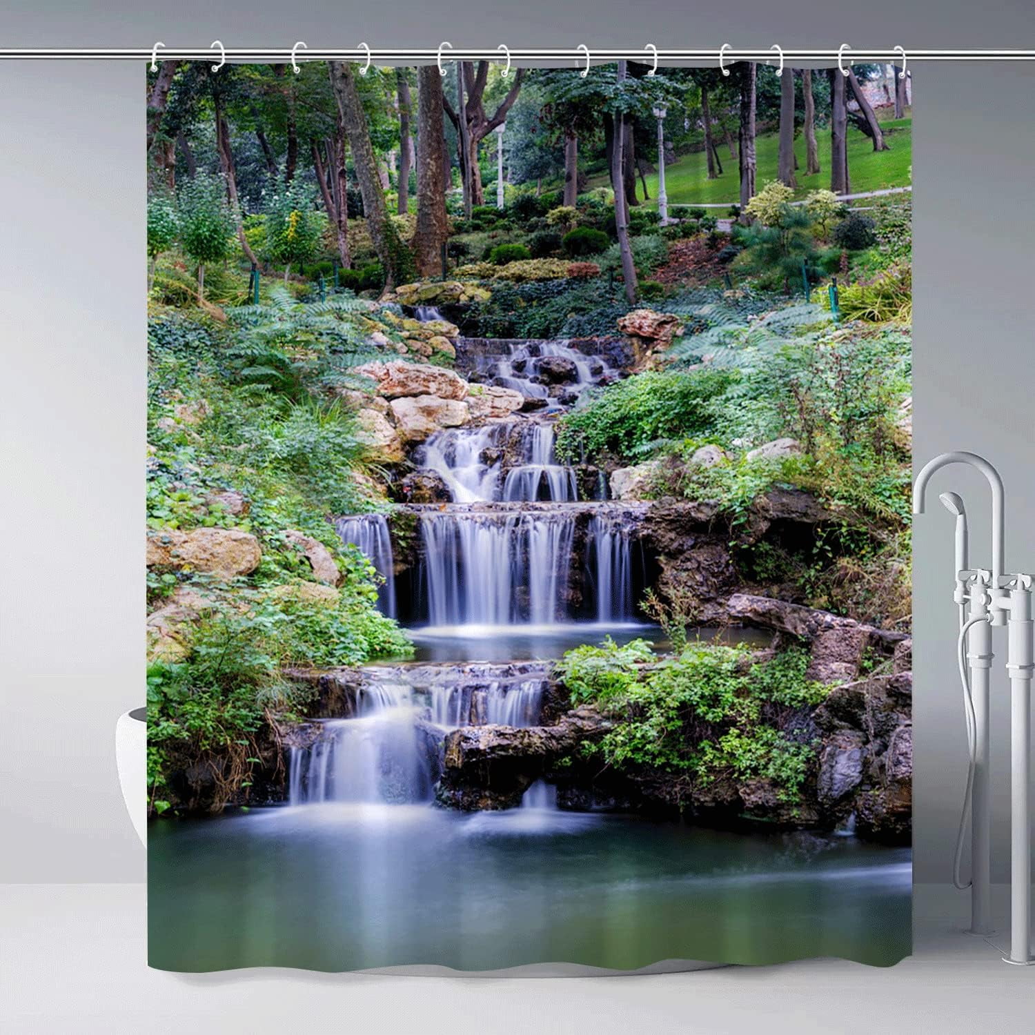 Forest Waterfall Shower Curtain Spring Nature Scenic Green Tree ...