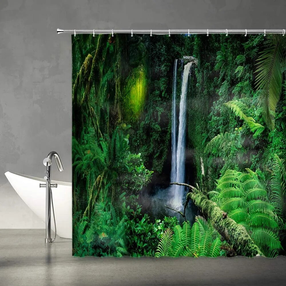 Forest Waterfall Shower Curtain Tropical Rainforest Palm Jungle Tree