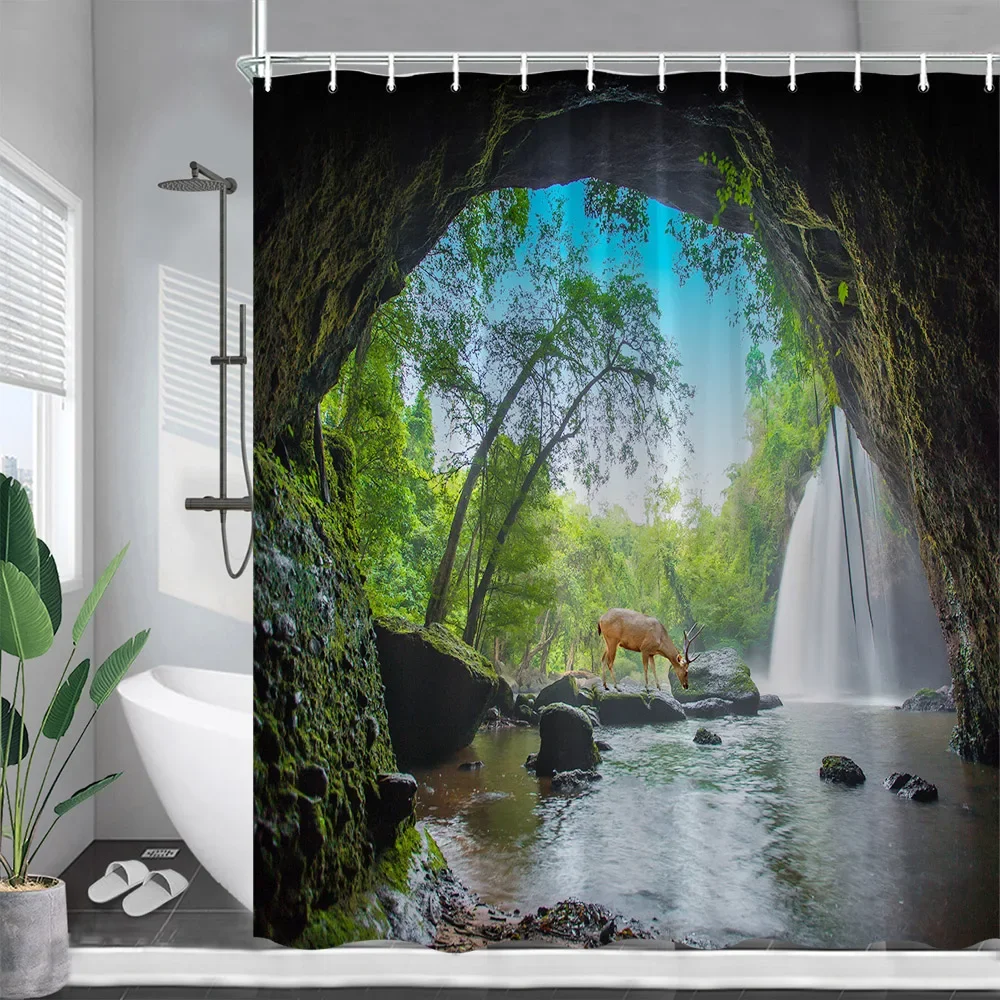 Forest Waterfall Shower Curtains Spring Green Trees Nature Landscape ...