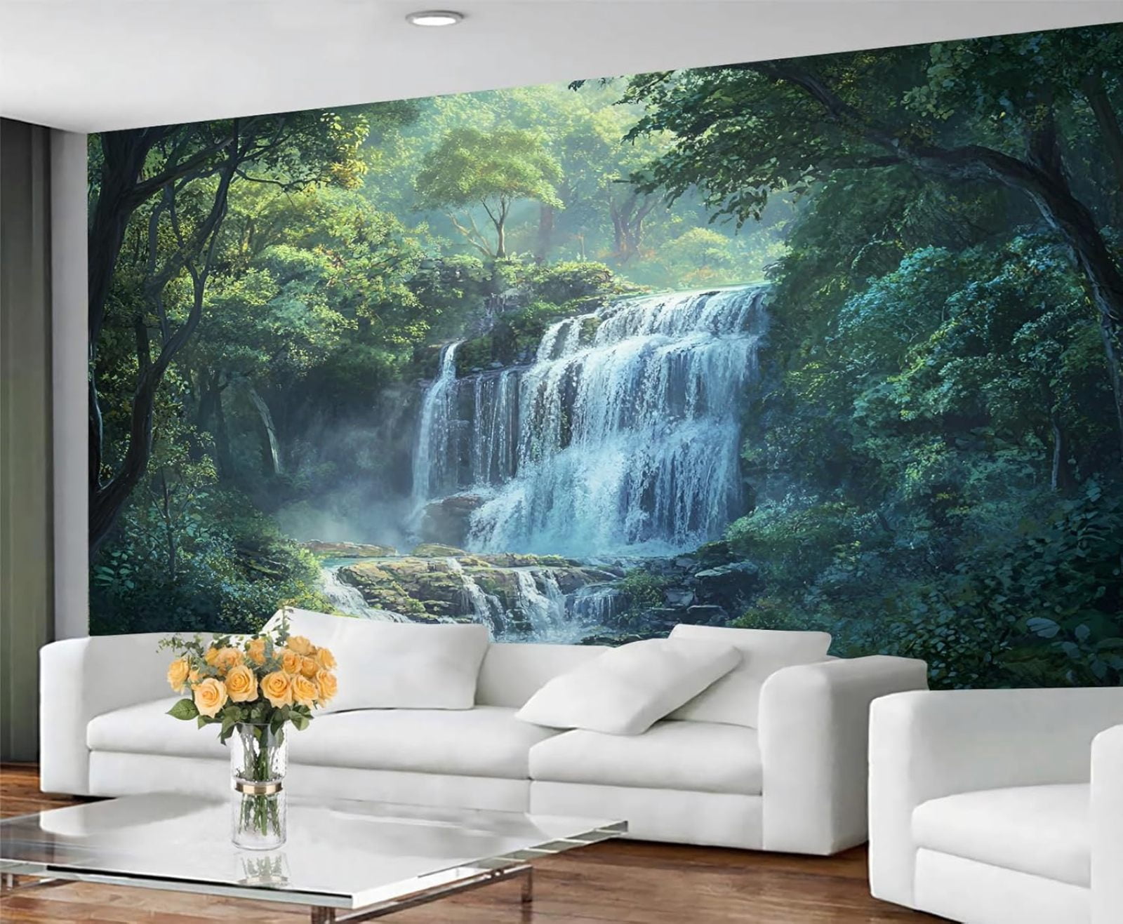Forest Waterfall Wall Murals For Bedroom - Green Forest Murals, Nature ...