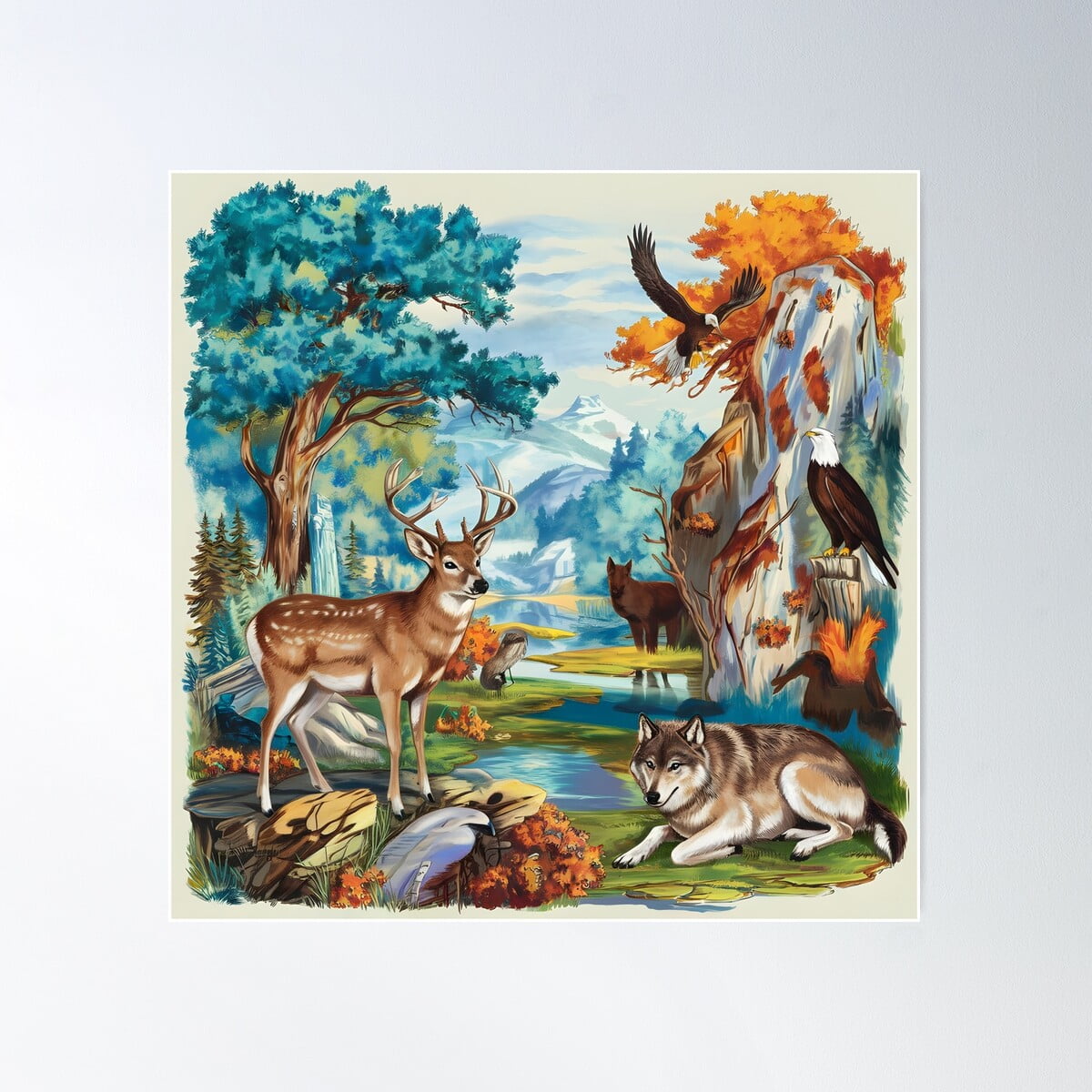 Forest Wildlife Scene - Deer, Wolf, Eagle Illustration Poster Wall Art ...