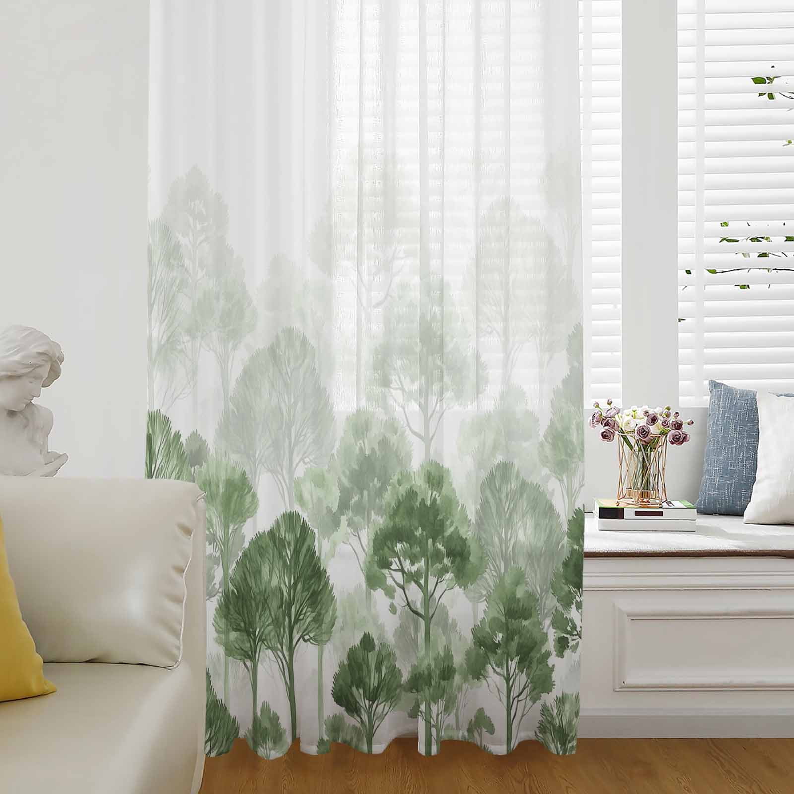 Forest Window Curtain 96 Inches Long,Green Gradient Pine Trees Misty ...