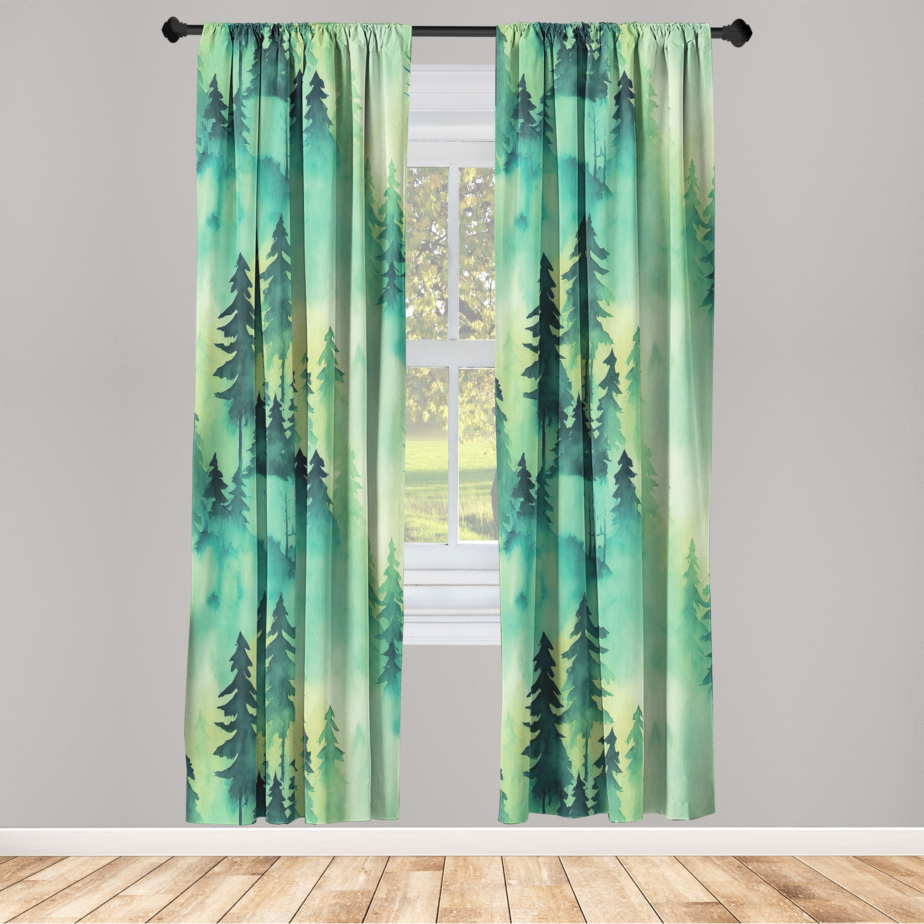 Forest Window Curtains, Vintage Looking Foggy Jungle Landscape Drawing ...