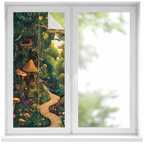 Forest Window Privacy Film, Vintage Cottage Mushroom Tree Floral Green ...