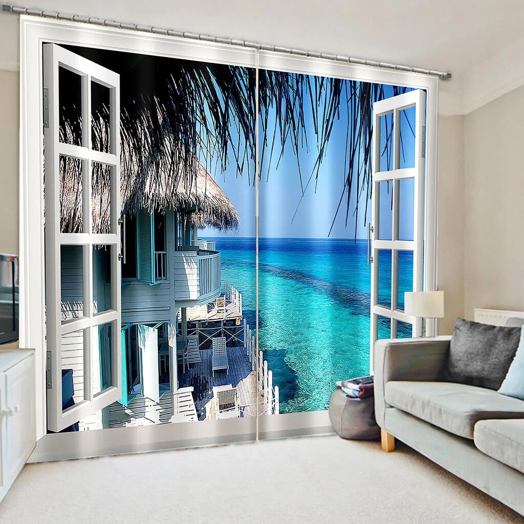 Forest Windows 3D Nature Landscape Beach Sea Tree Green Drapes Window ...