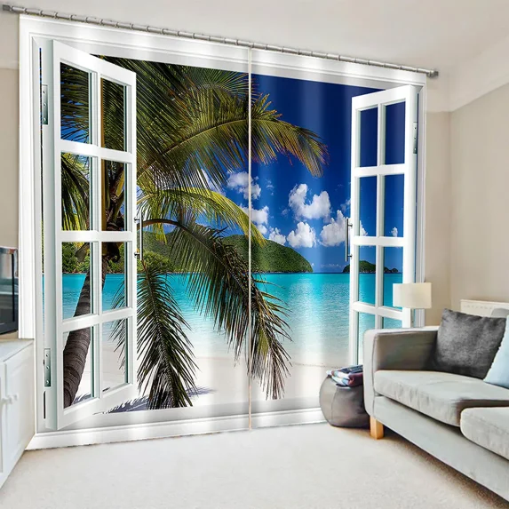 Forest Windows 3D Nature Landscape Beach Sea Tree Green Drapes Window ...
