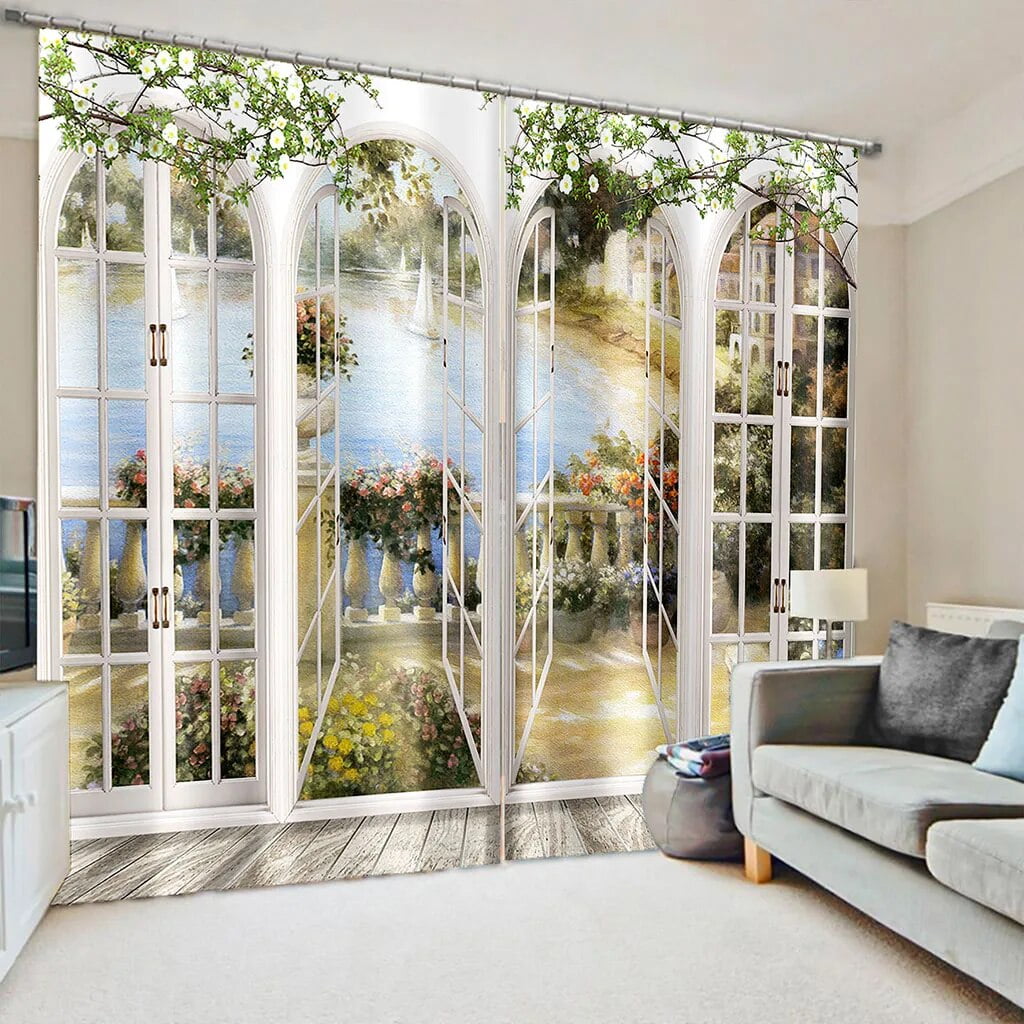 Forest Windows 3D Nature Landscape Beach Sea Tree Green Drapes Window ...