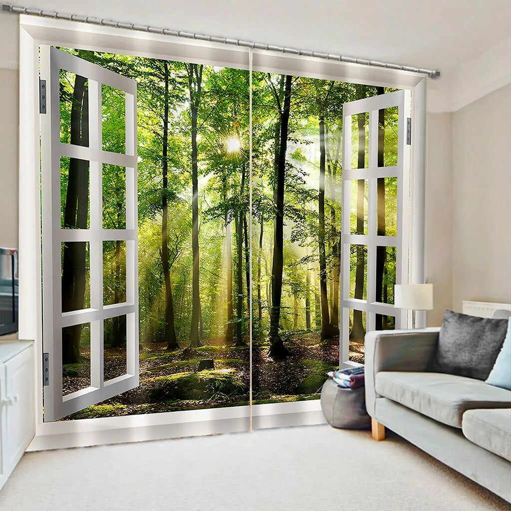 Forest Windows 3D Nature Landscape Beach Sea Tree Green Drapes Window ...