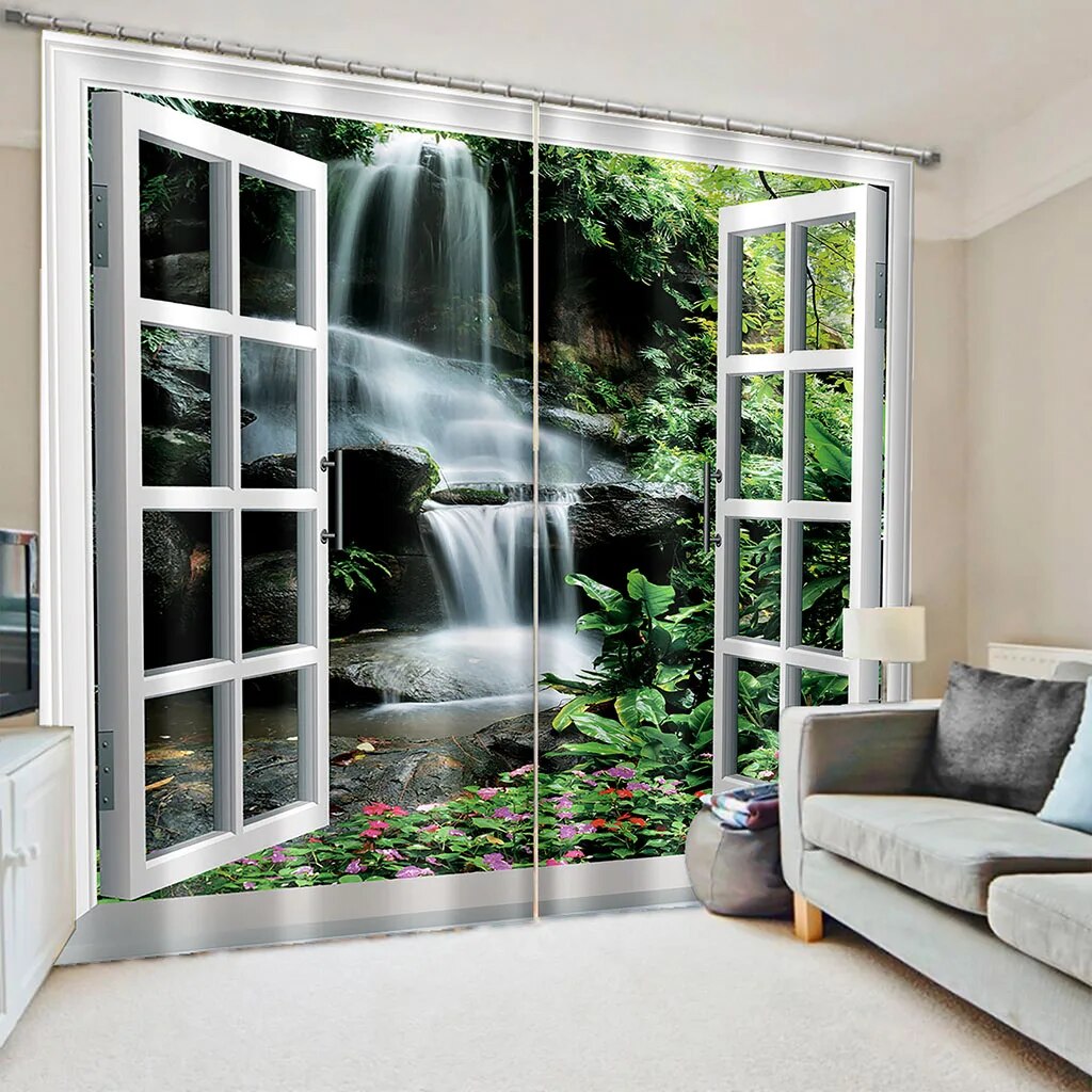 Forest Windows 3D Nature Landscape Beach Sea Tree Green Drapes Window ...