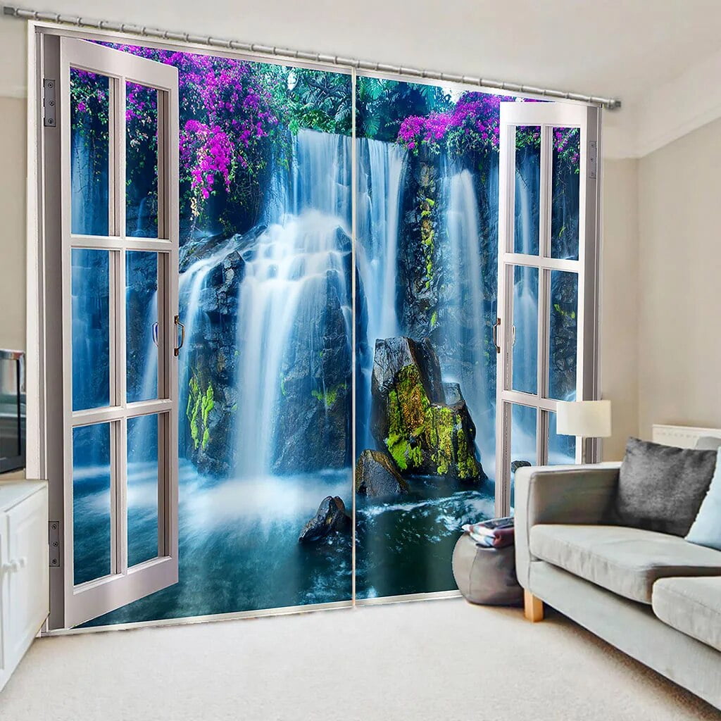 Forest Windows 3D Nature Landscape Beach Sea Tree Green Drapes Window ...