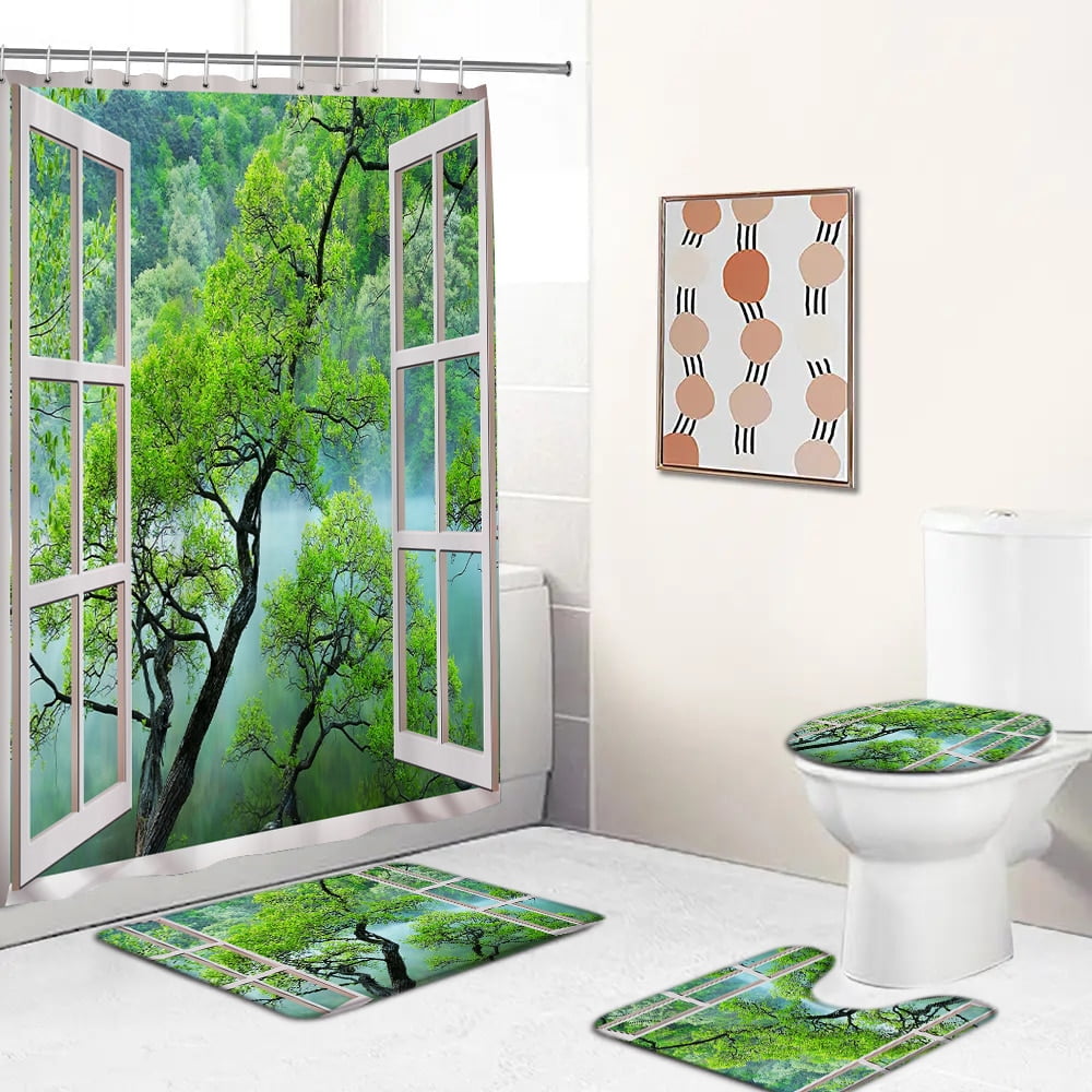 Forest landscape Waterproof Shower Curtain Non-Slip Mat Rug Carpet ...