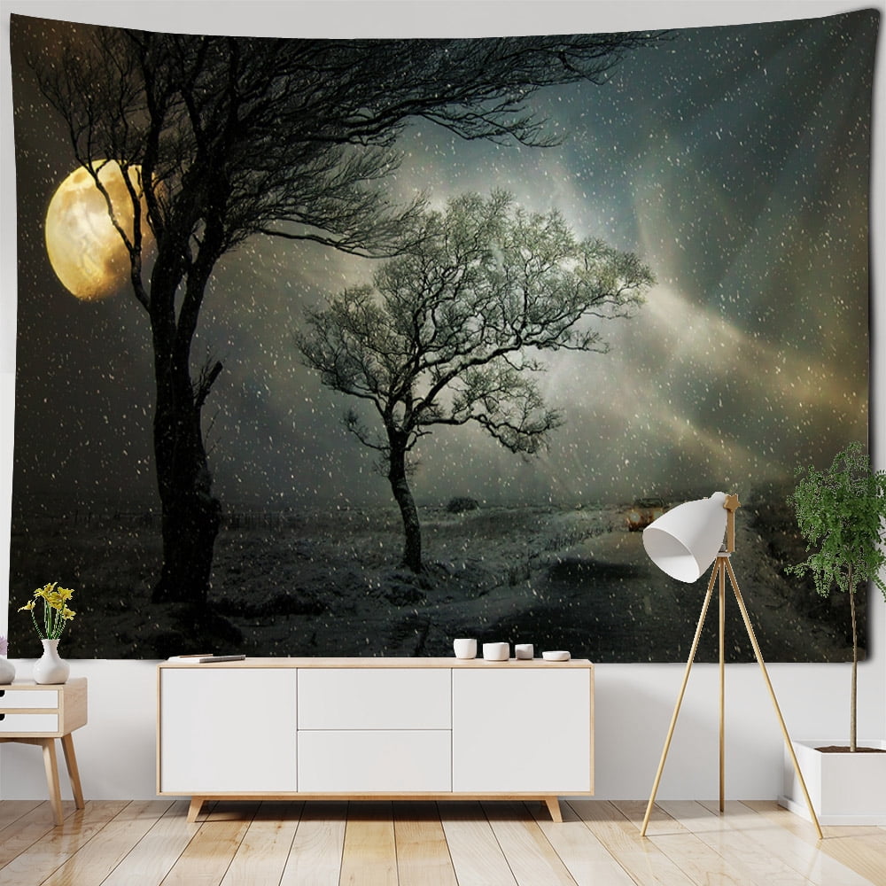 Forest night view tapestry moon starry sky home wall hanging cloth ...