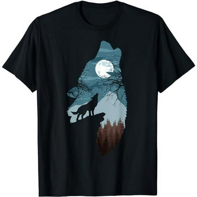 Forest with Full-Moon and Cliff Of Silhouette Howling Wolf T-Shirt ...