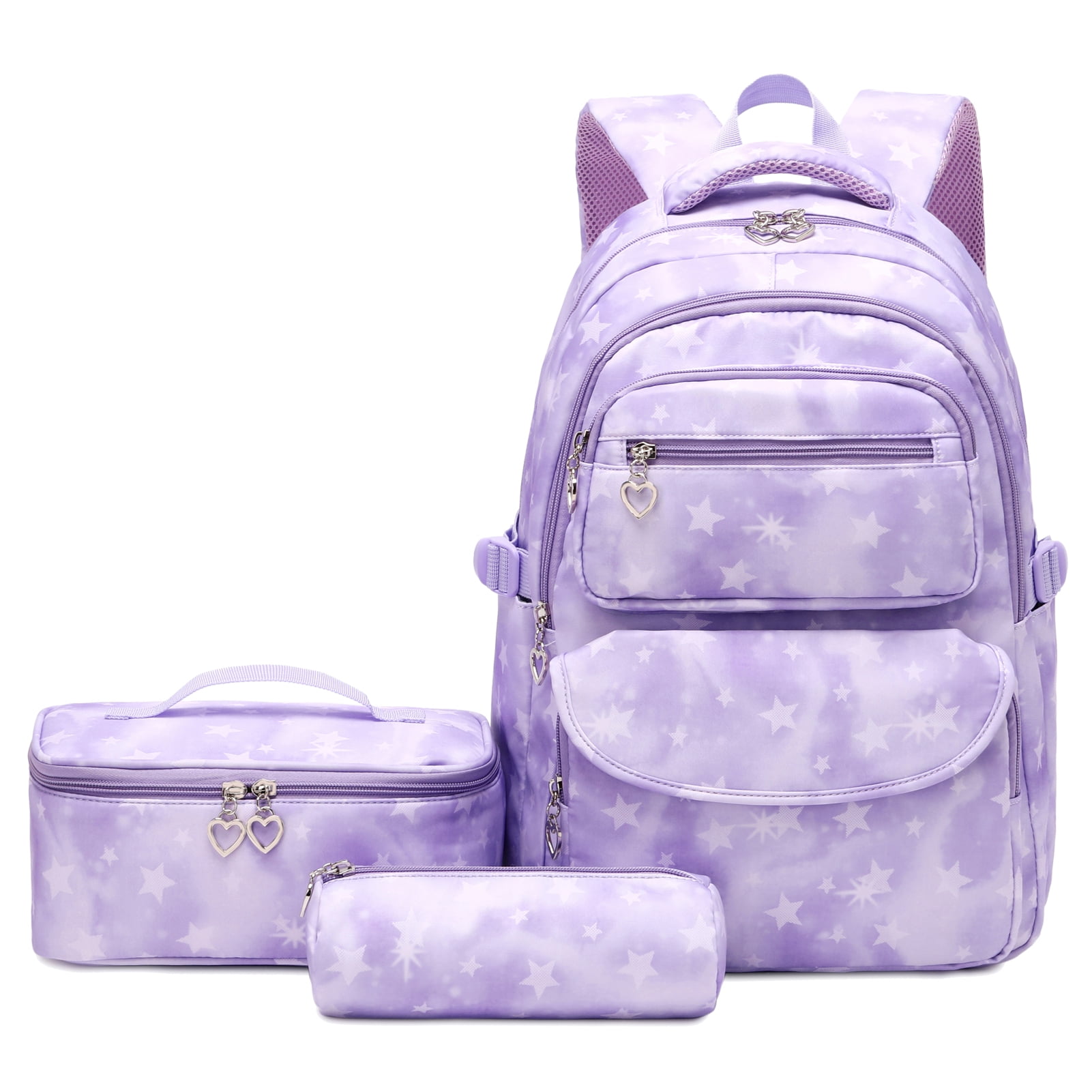Forestfish Purple Star Print Kids School Backpacks Set for Teen Girls ...