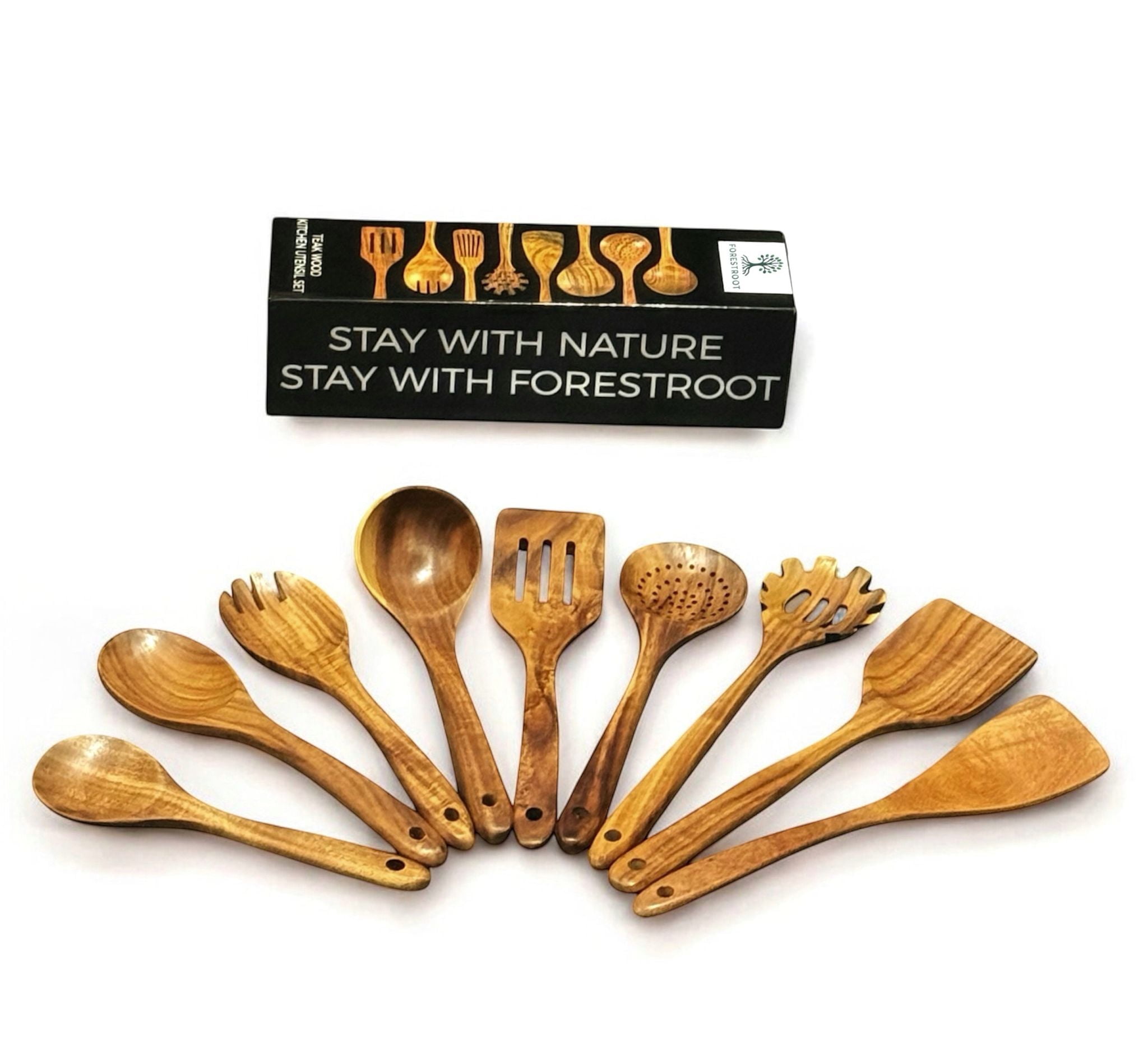 Forestroot 9-Piece Teak Wooden Cooking Utensil Set – Premium Nonstick ...