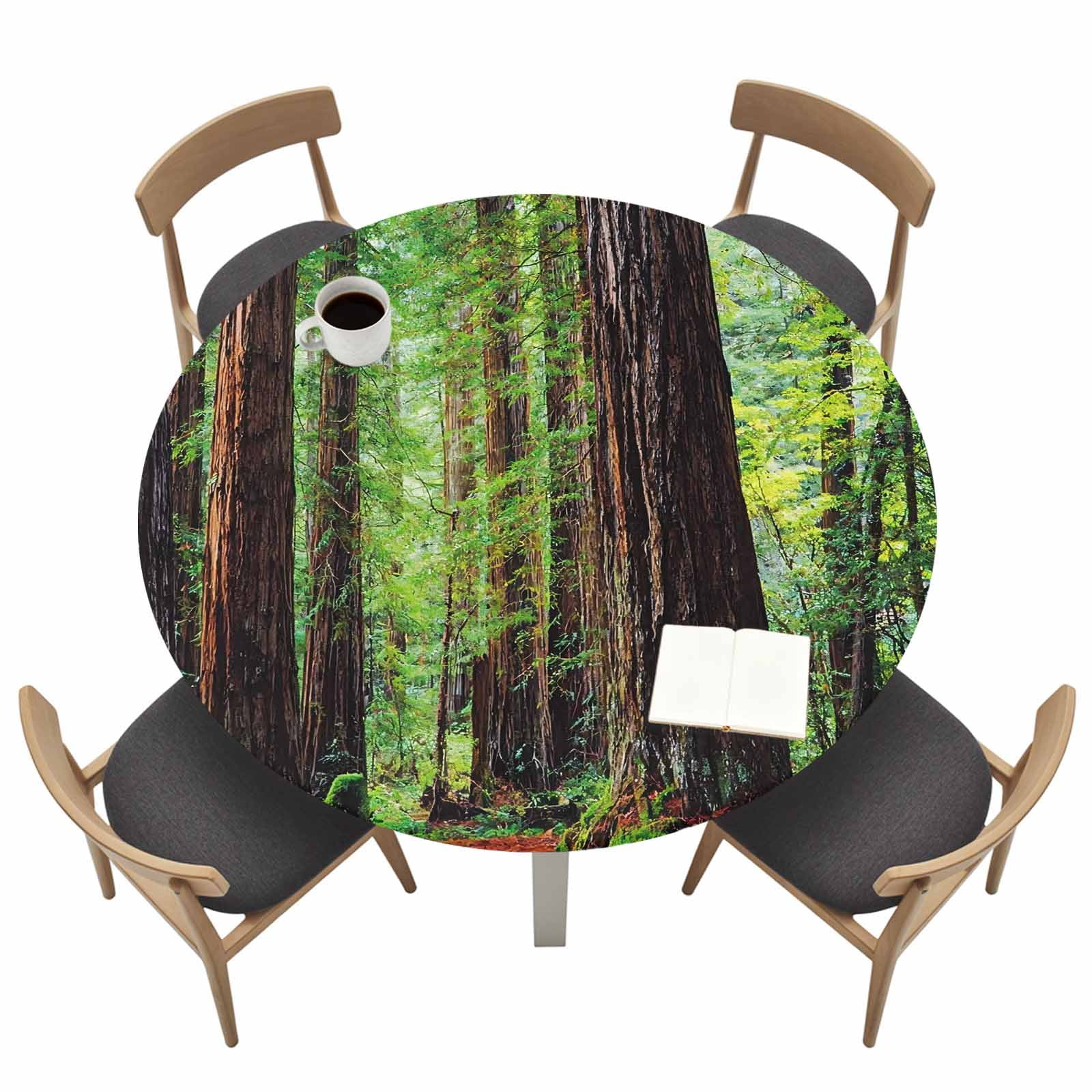 Forests Round Fitted Tablecloth with Elastic Edge Spring Brown Trees ...
