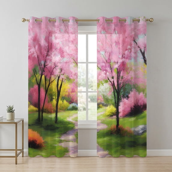 Forests Sheer Curtains 63 Inch Long 2 Panels, Oil Painting Spring Pink ...