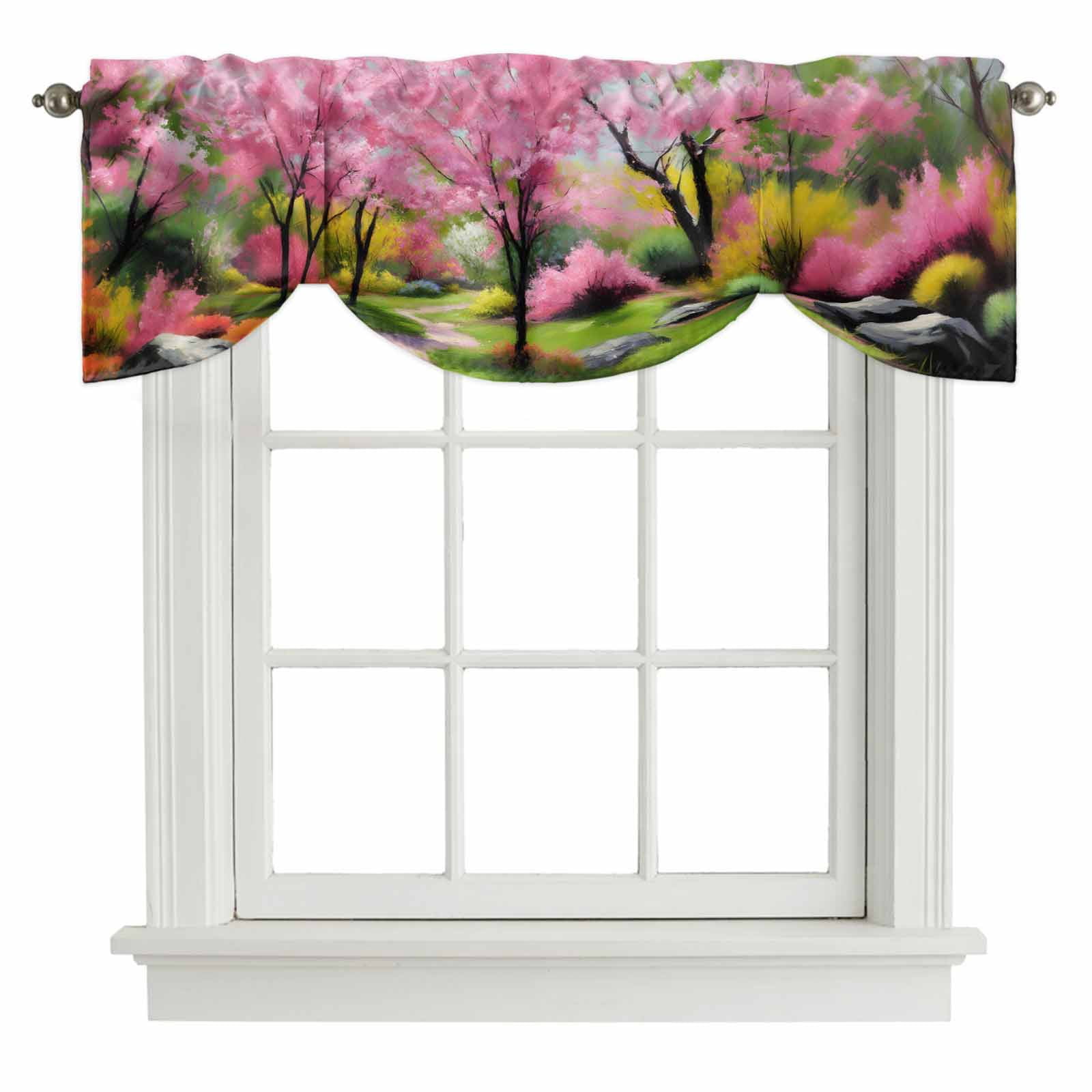 Forests Tie Up Valance for Windows, Oil Painting Spring Pink Green ...