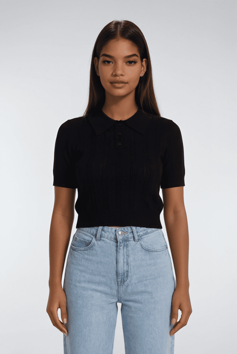 Forever 21 WGA Pointelle Ss Sweater With Collar And Button Placket ...