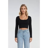 Forever 21 WGA Square Neck Long Sleeve Top, Color-Black, Size-S ...