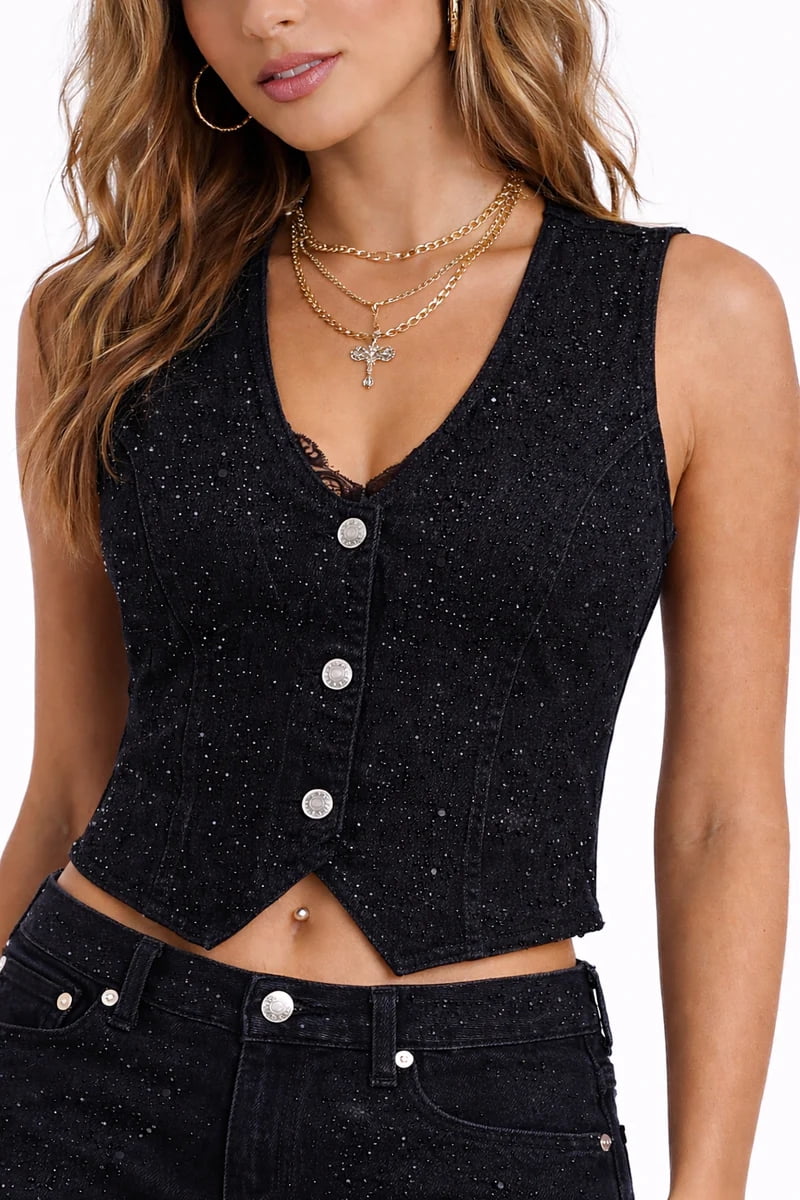 Forever 21 WGA Stretch Denim Vest With Rhinestone Front, Color-Black ...
