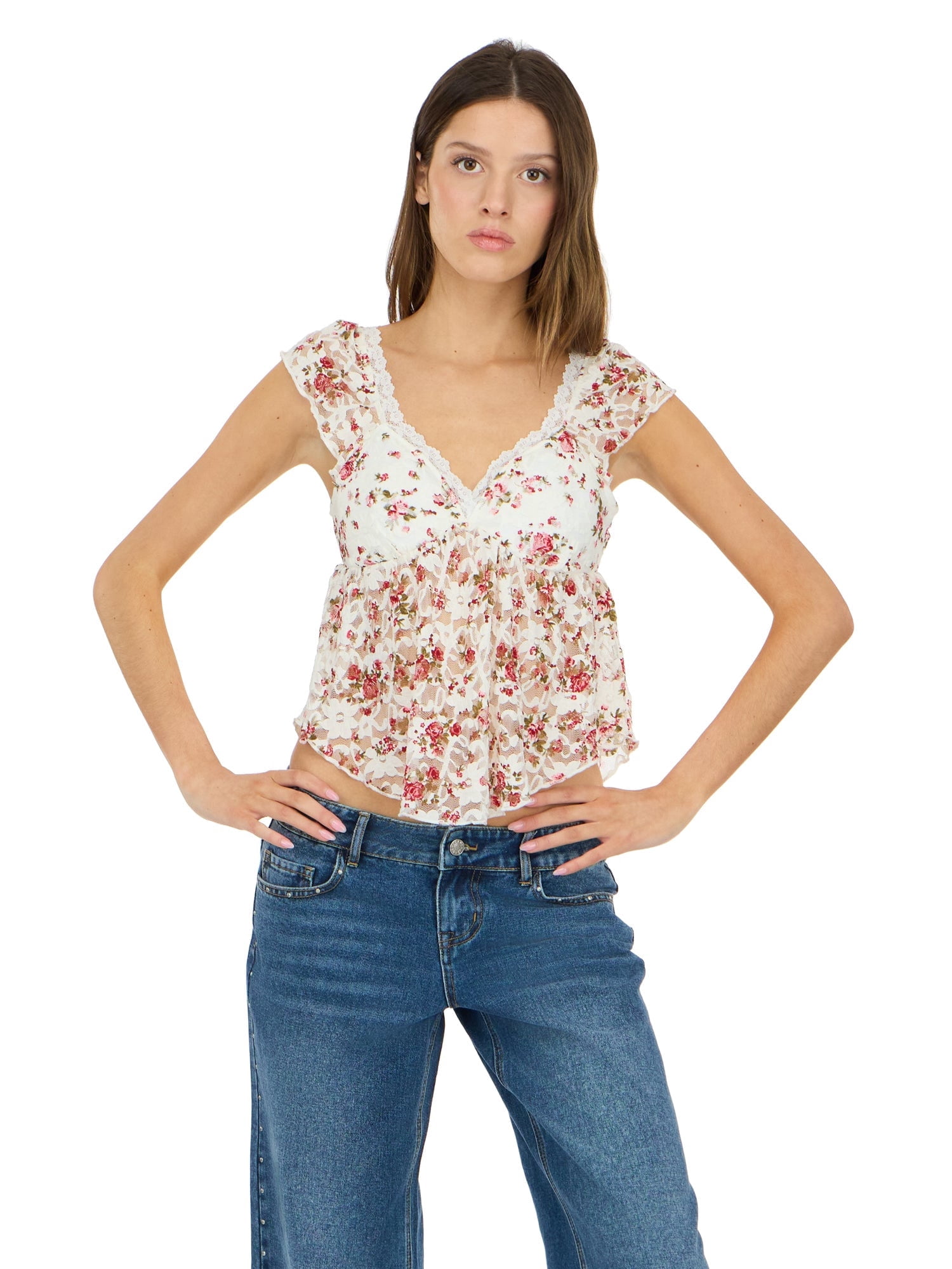 Forever 21 Women's Frill Lace Top with V-Neckline and Pleated Hem ...