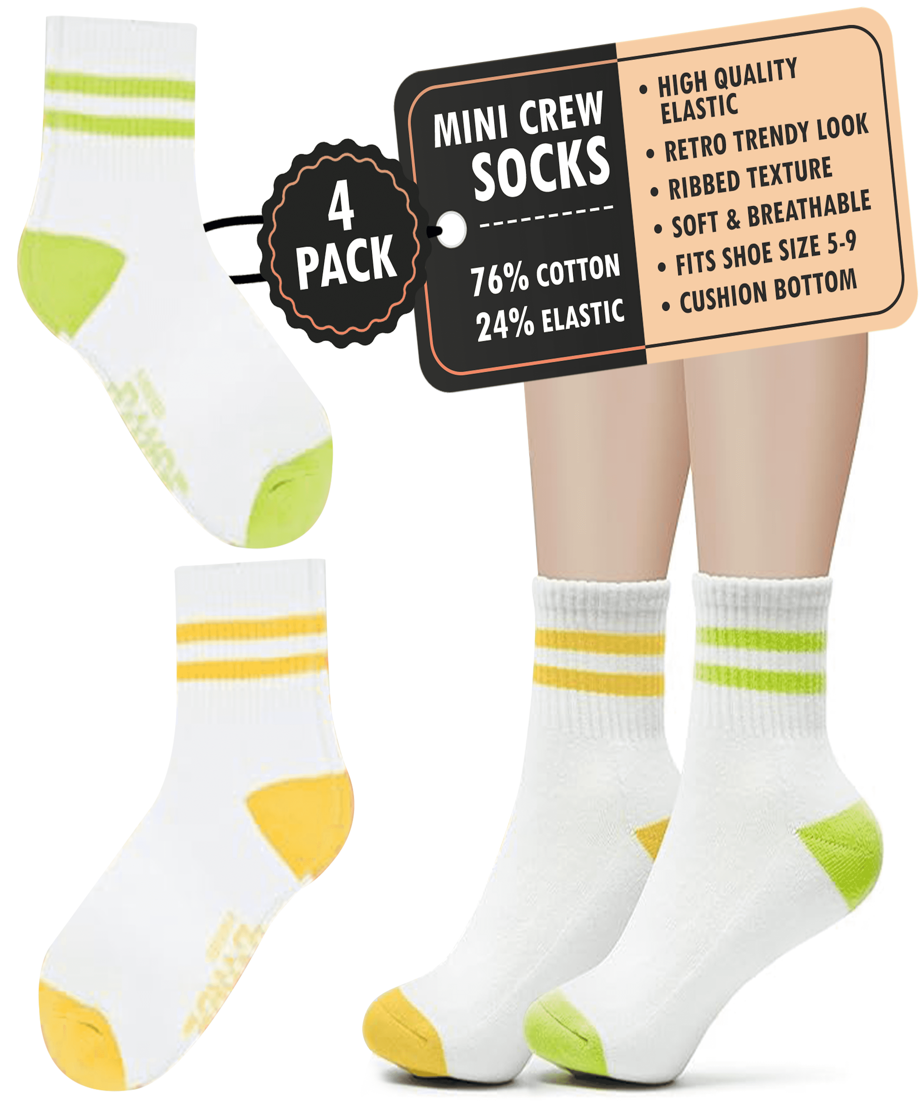 Forever Bambe Retro Mini Crew Socks for Women, Soft Terrycloth Cushioned Bottom Striped Socks ...
