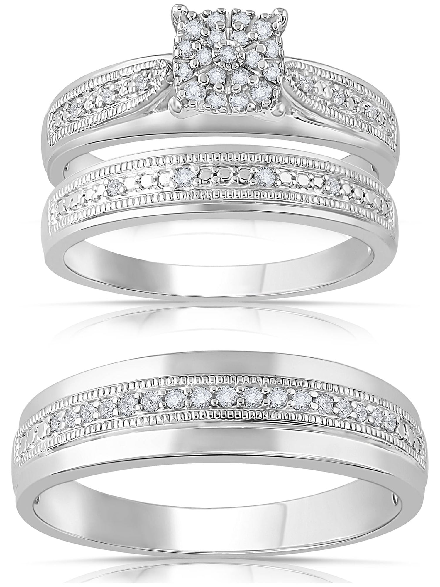 Forever Bride 1/4Ct Diamond Engagement Ring Trio Set, Sterling Silver ...