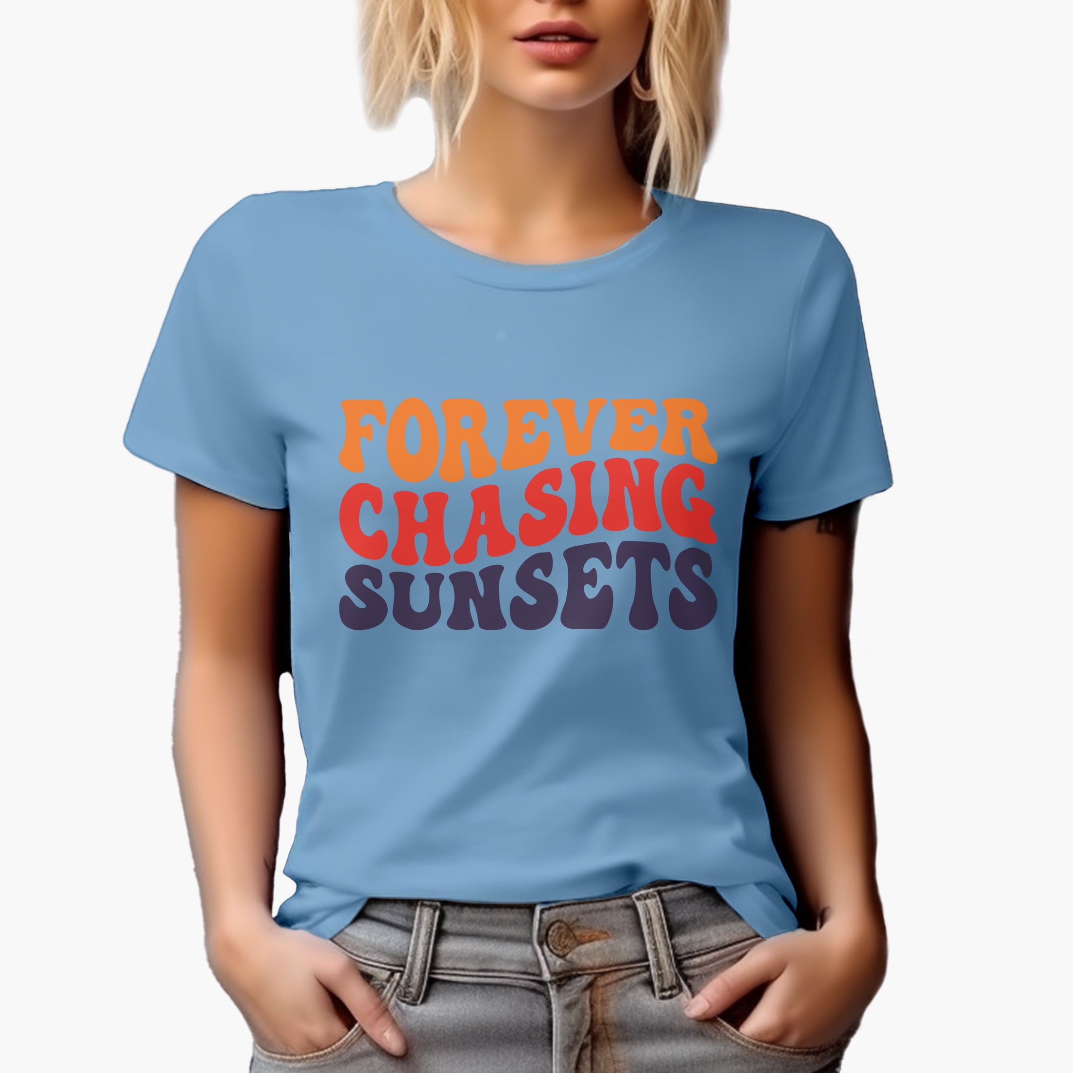Forever Chasing Sunsets, Groovy Retro Wavy Text Merch Gift, Baby Blue T ...